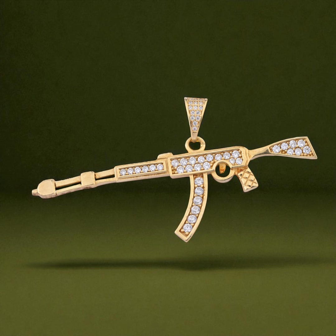 Rifle Charm Pendant With Diamond Accents, 14K Solid Gold Unique Hip Hop ...