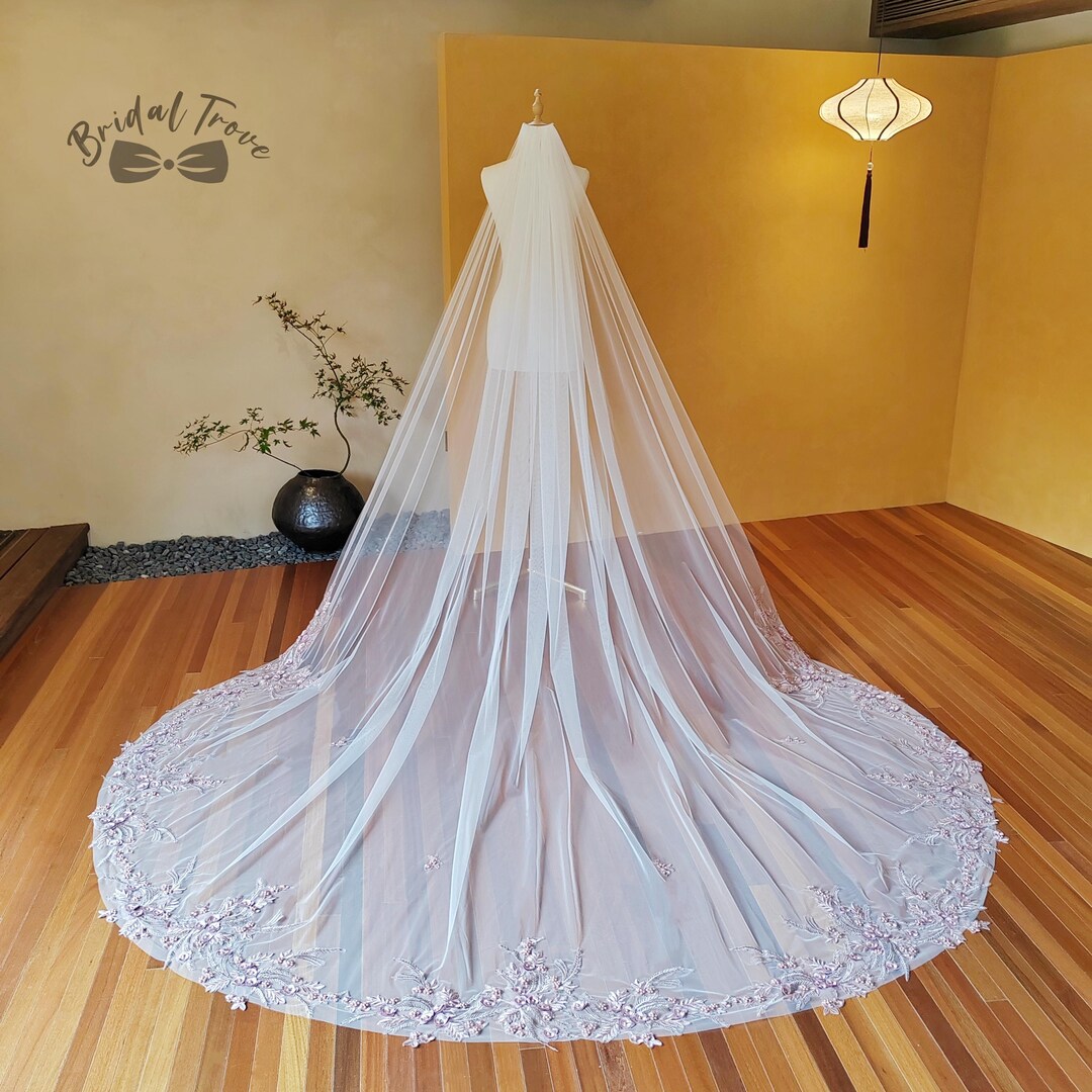 Flower Lace Veil, Pink Pearls Wedding Veil, Cathedral Bridal Veil, Long ...