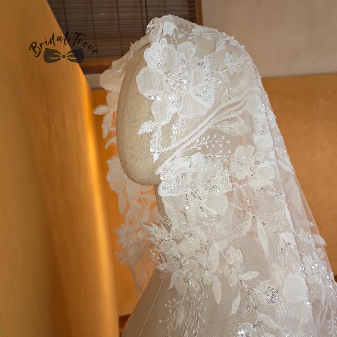 Fancy Floral Veil, Sequined Wedding Veil, Ivory Veil, Handmade Lace ...