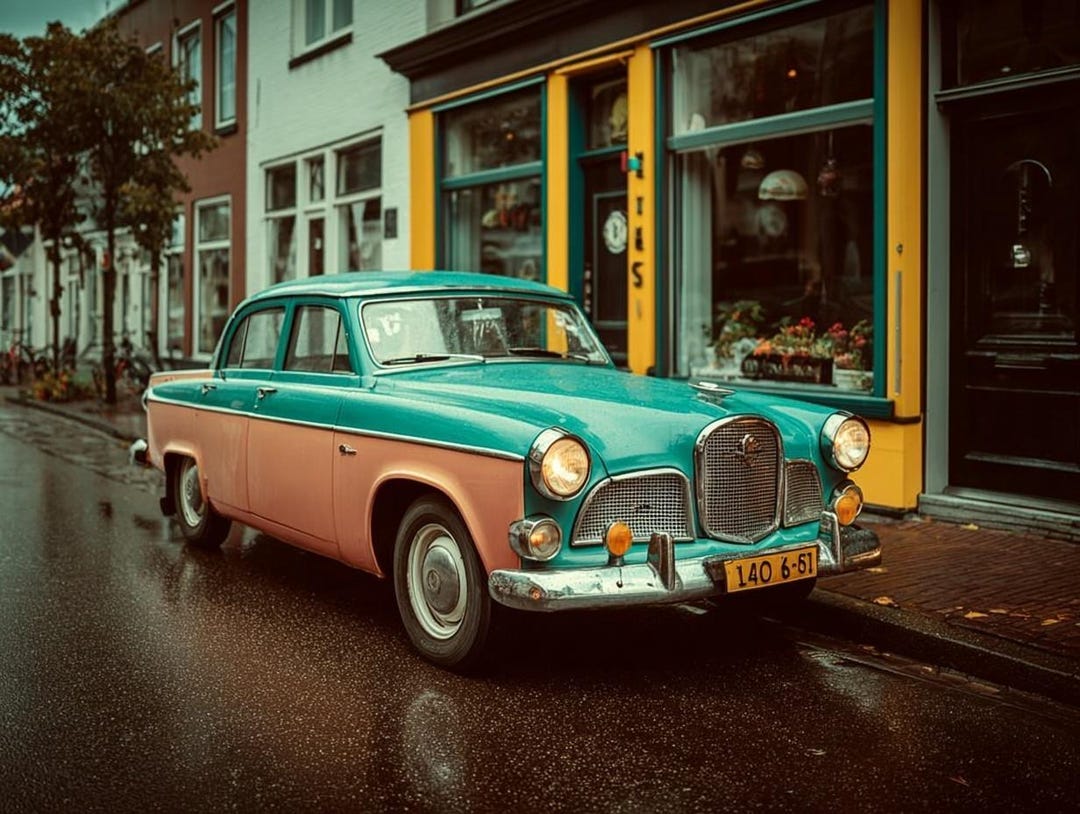 Mid-century Teal Classic Car Art Print | Vintage European Street Scene ...