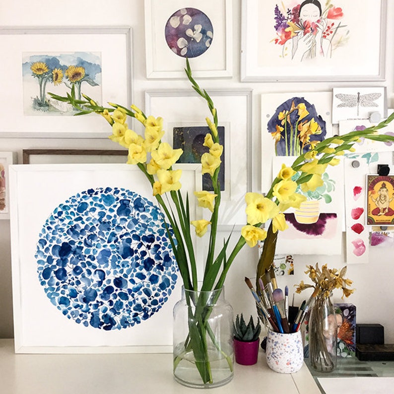 Blue Botanical Circle Art Print Blue Home Decor Botanical | Etsy