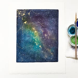 Space Art Print Celestial Watercolor Painting Galaxy Watercolor Gold ...