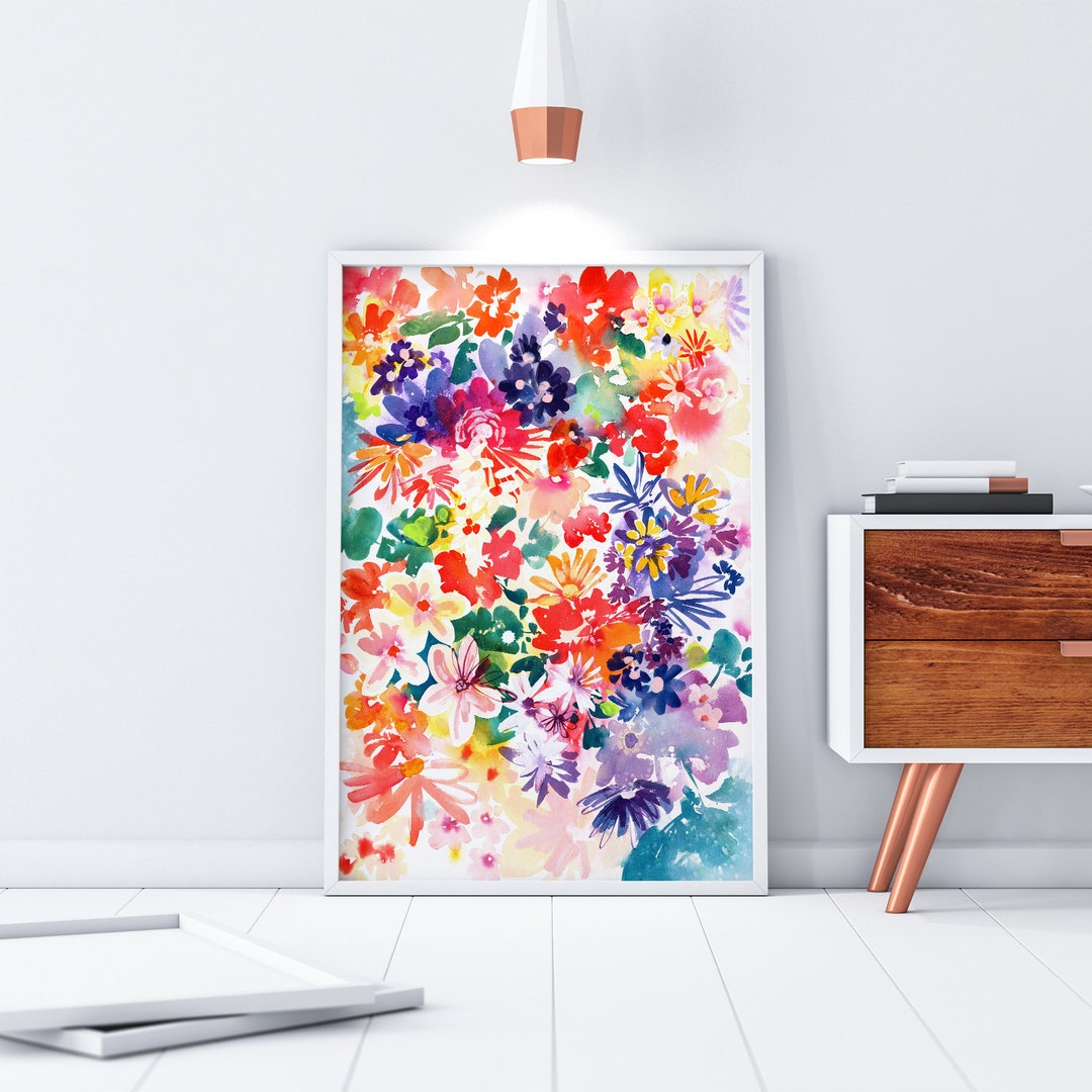 Garden in Bloom, Colorful Flower Blooms Print | Floral Painting Wall ...