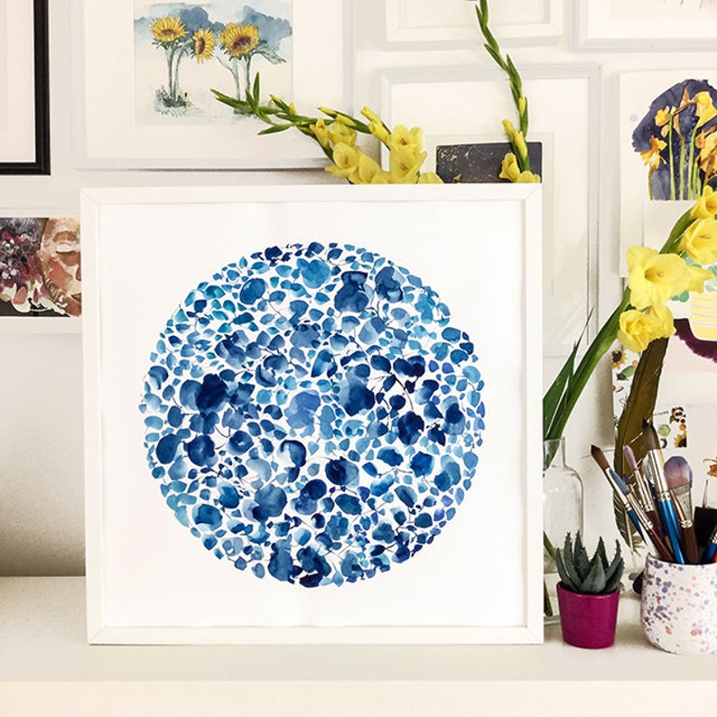 Blue Botanical Circle Art Print Blue Home Decor Botanical | Etsy
