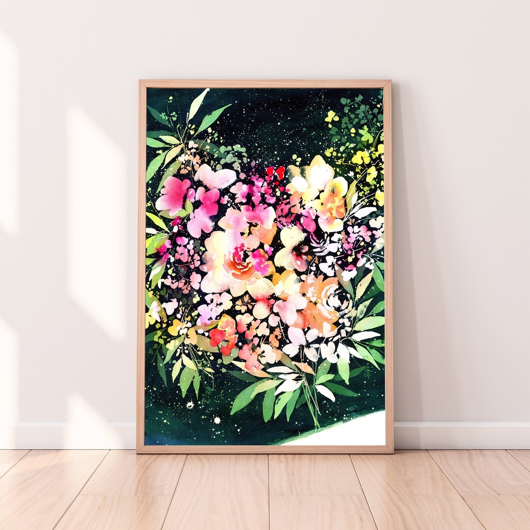 Night Blooming Heart, Flower Art Print | Magical Flowers Over a Starry ...