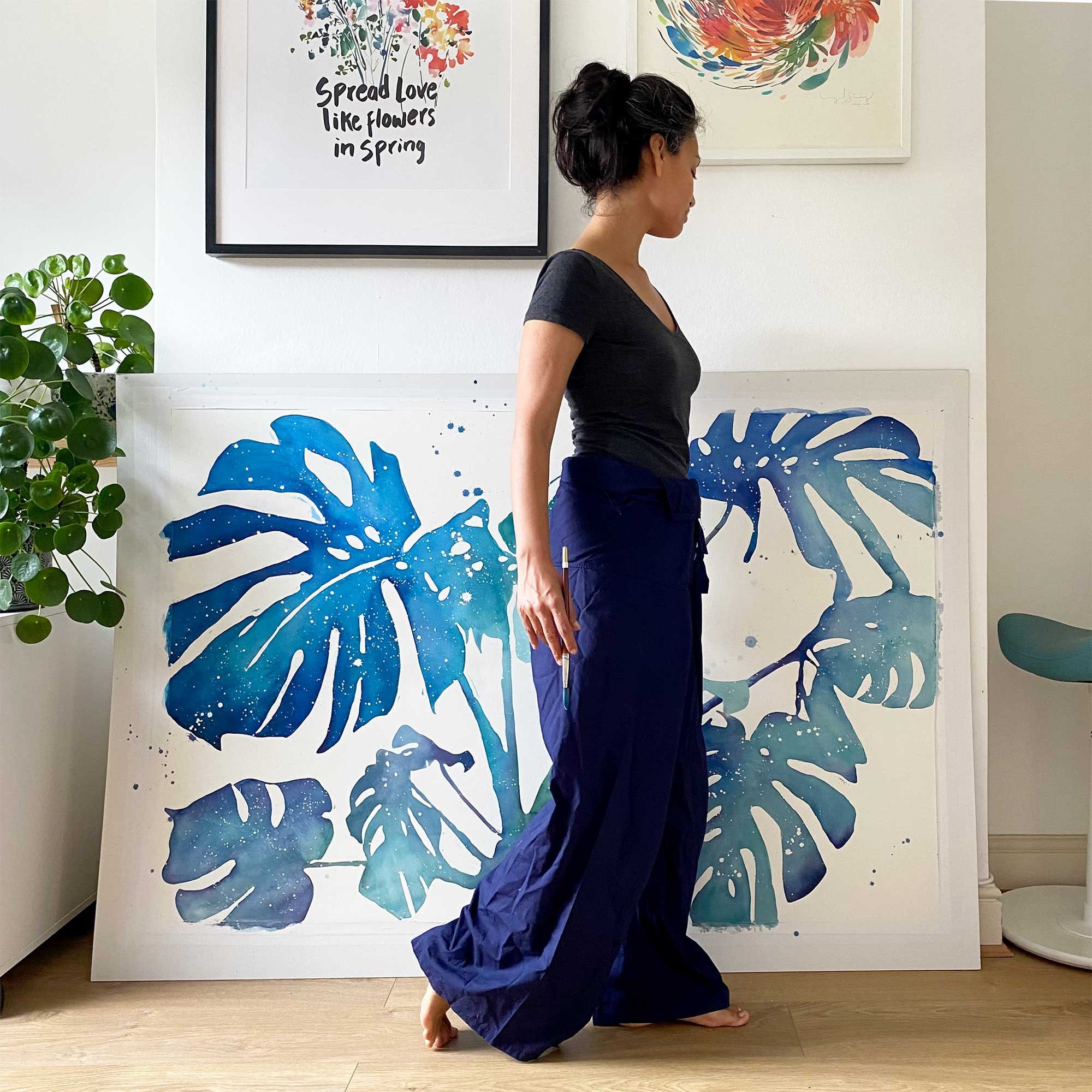 Blue Monstera Plant Art Print Giant Blue Monstera Watercolor | Etsy