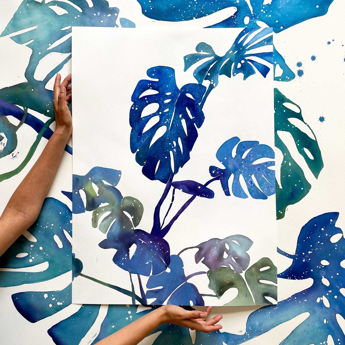 Blue Monstera Plant Art Print Giant Blue Monstera Watercolor - Etsy