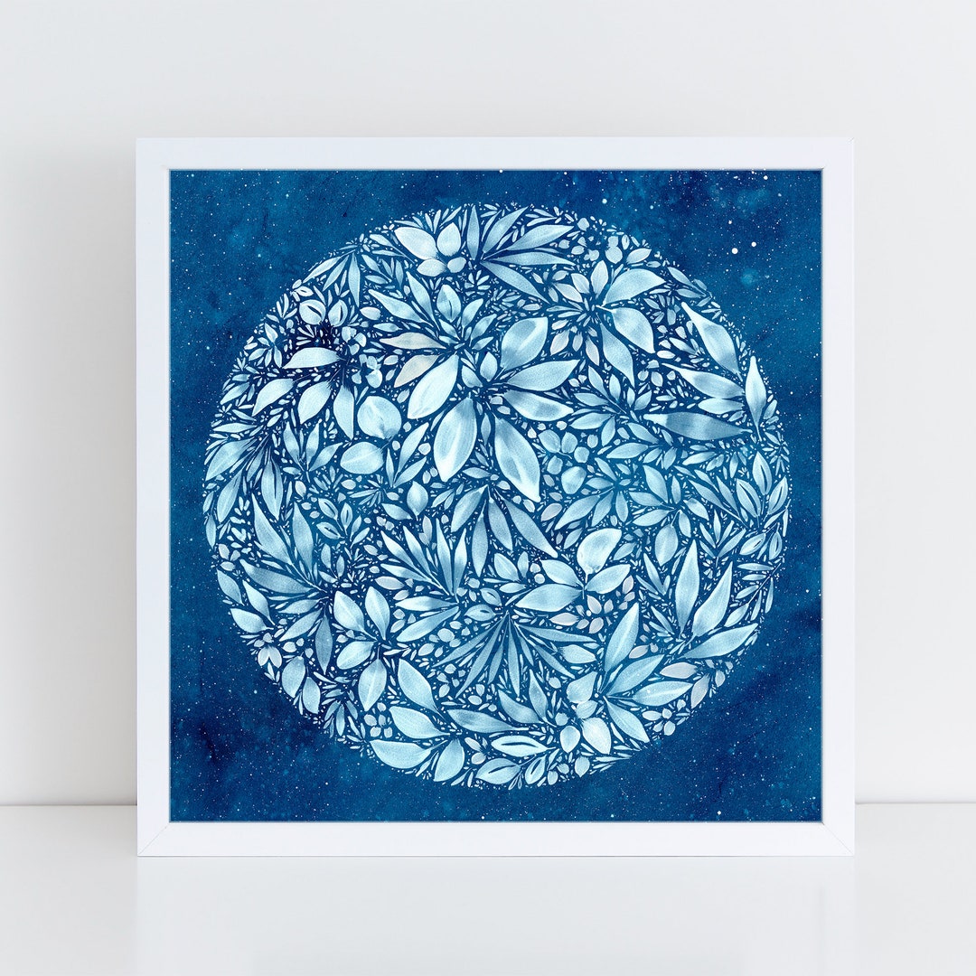 Full Snow Moon Leafy Art Print | Indigo Blue Celestial Starry Sky ...