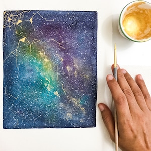 Space Art Print Celestial Watercolor Painting Galaxy Watercolor Gold ...