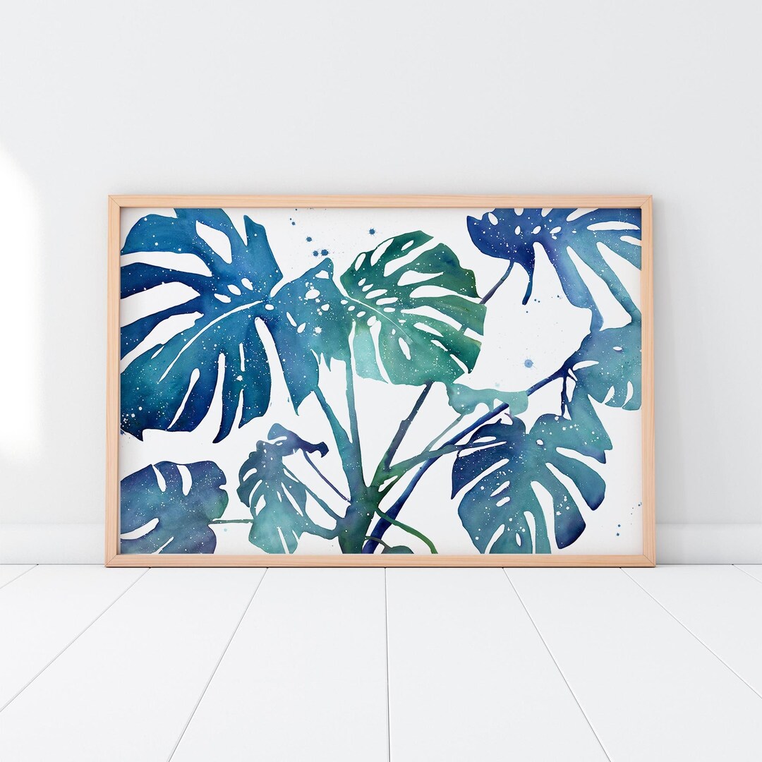 Blue Monstera Plant Art Print | Giant Blue Monstera Watercolor Wall Art ...
