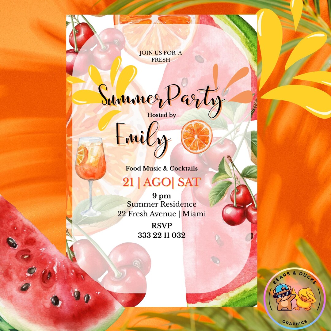 Editable Summer Party Birthday Invitation Template, Summer Fruit ...