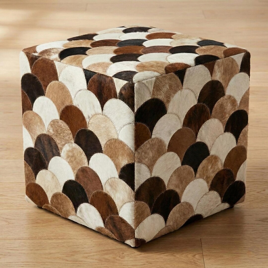 Handmade Cowhide Pouf Cover, Fish Scale Patchwork Footstool Cover, for ...