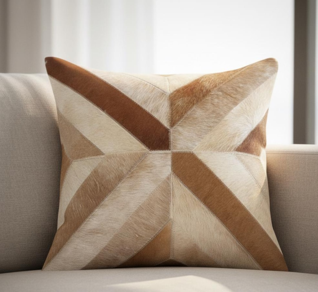 Hair-on Cowhide Pillow Cover, Beige Diagonal Stripe, Rustic Decor - Etsy