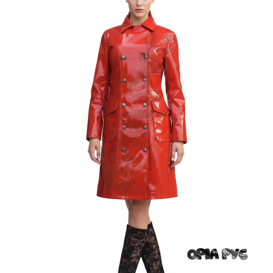 HOT Red PVC Trench Coat | Wet Look Vinyl Goth Jacket | Glossy Women's ...