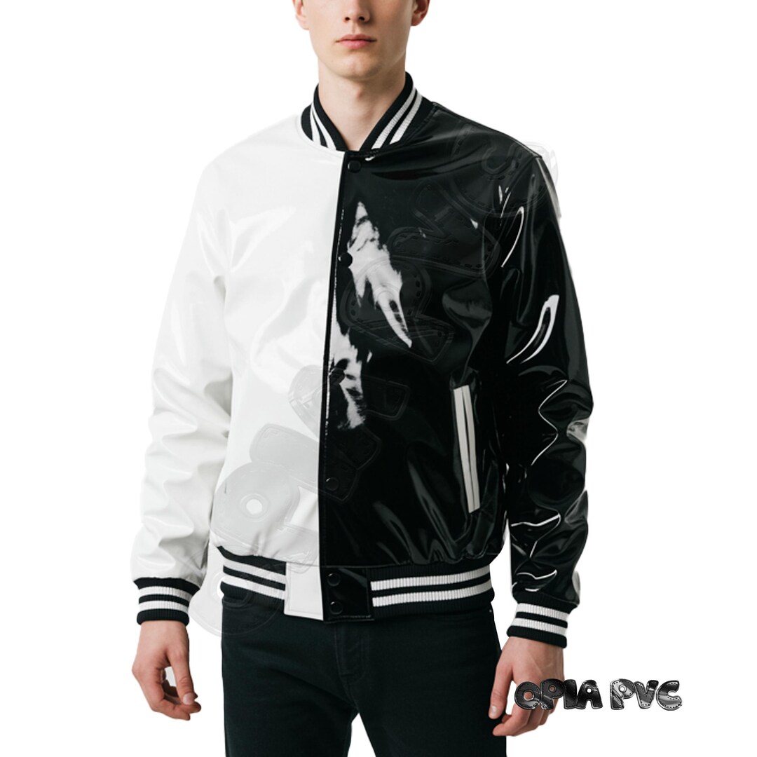 Men's Glossy PVC Varsity Jacket | Split Personality Black & White Wet ...
