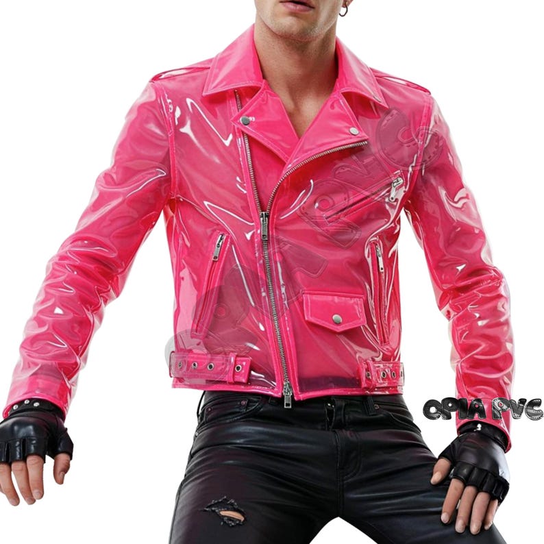 Men's Glossy Pink Transparent PVC Jacket | Motorcycle Wet Look Jacket ...
