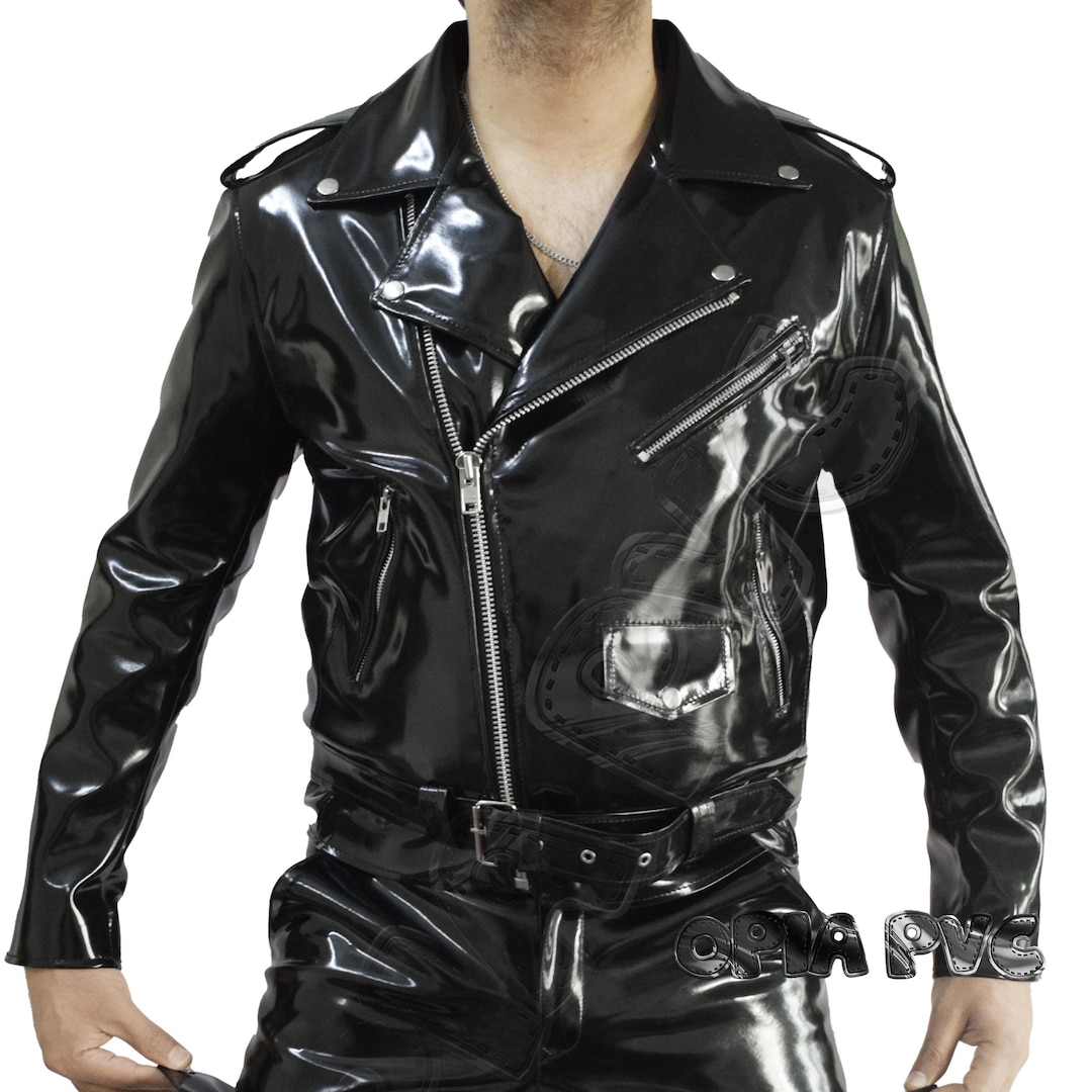 Men's Glossy Black PVC Biker Jacket - EMO Classic Motorcycle Style WET ...