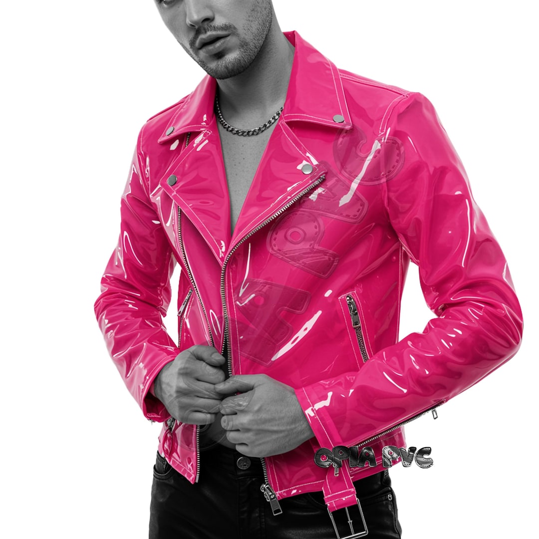 Glossy Pink PVC Motorcycle Jacket – Men’s Wet Look Punk Rock Biker ...