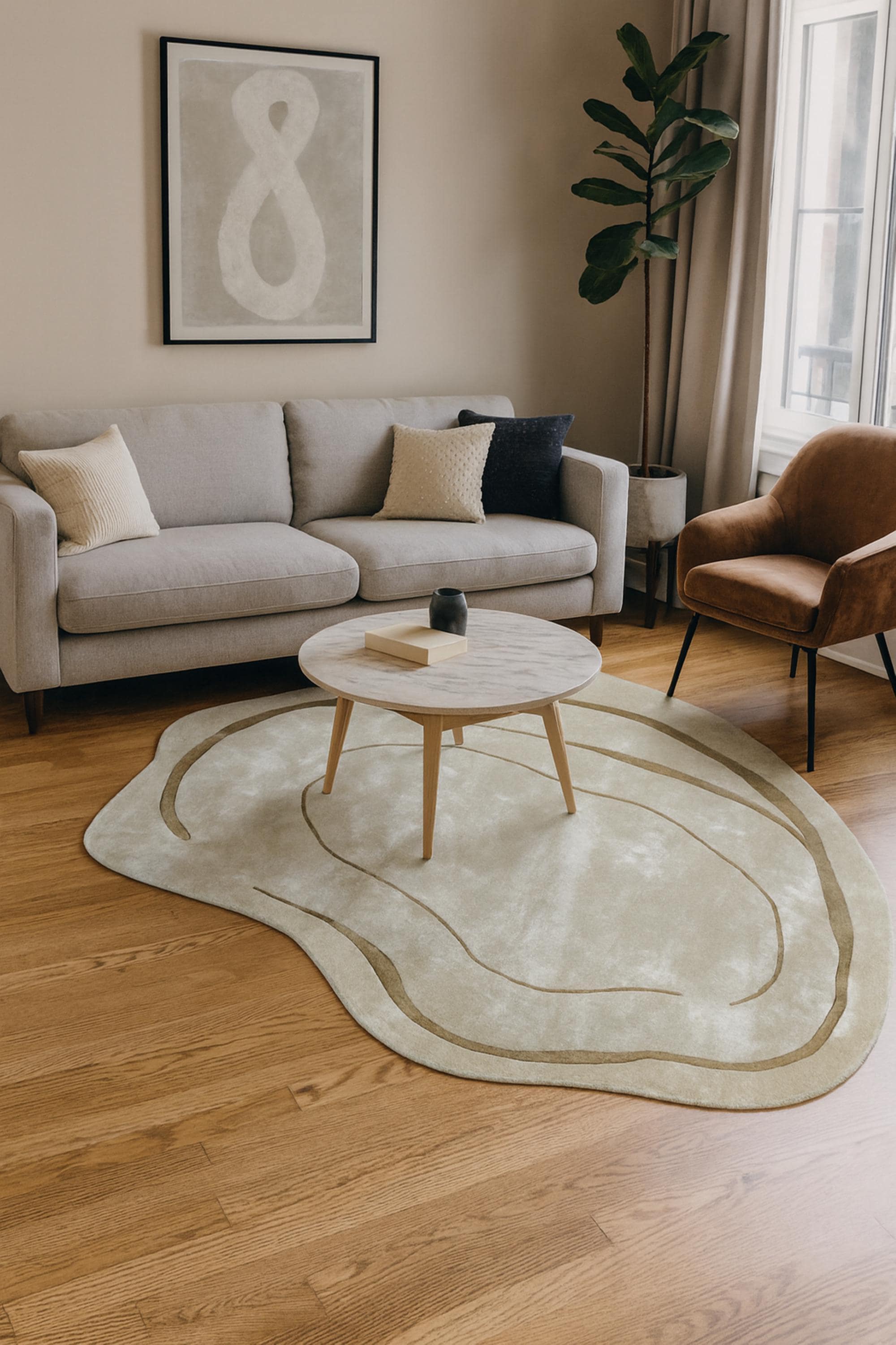Handmade Irregular Shape Carpet, Organic Beige Tufted Rug, Abstract ...