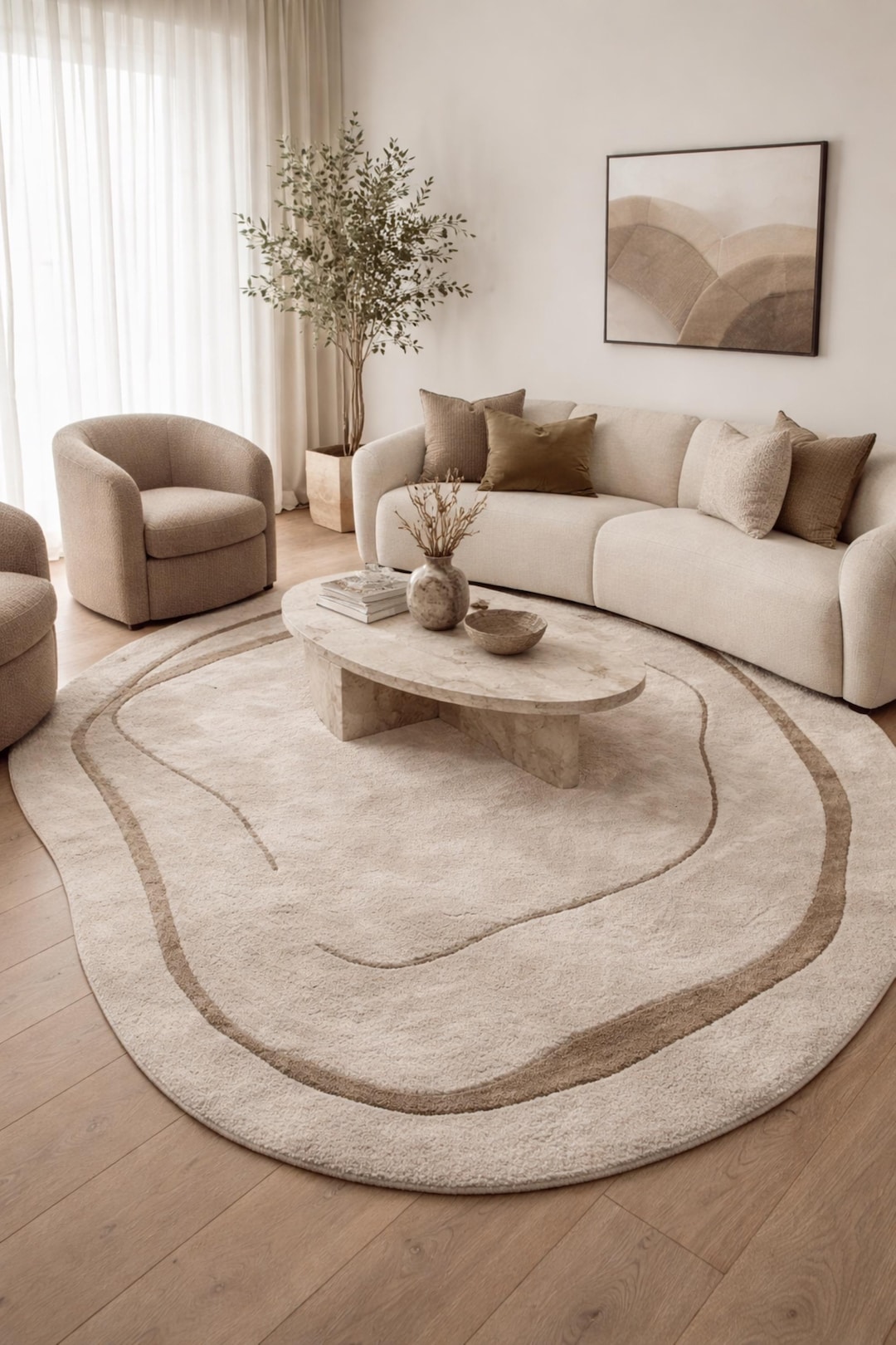 Handmade Irregular Shape Carpet, Organic Beige Tufted Rug, Abstract ...