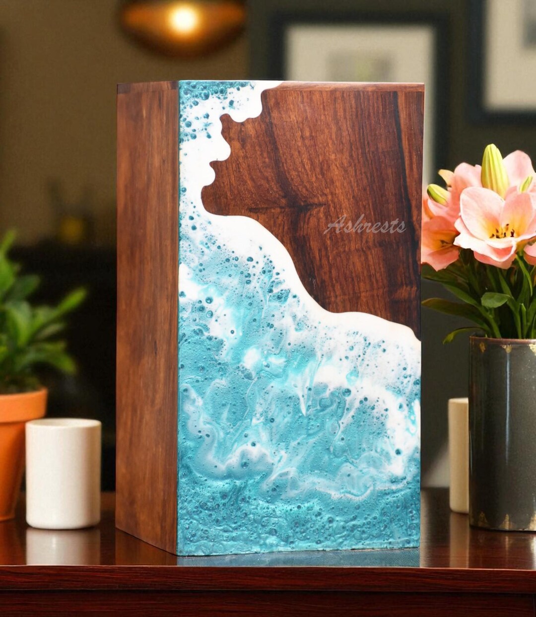 Handcrafted Rosewood Urn With Blue Ocean Resin Inlay: Funeral Memorial ...