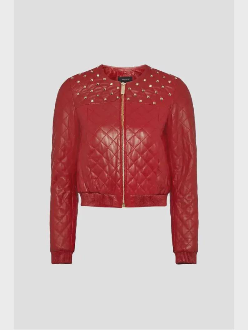 Red Quilted Lambskin Leather Biker Jacket - Studded Bomber Style - Etsy