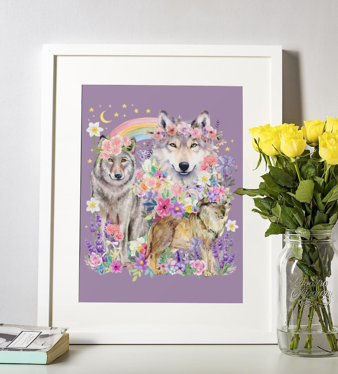 Floral Wolf Poster Print With Flowers and Stars, Colorful Maximalist ...