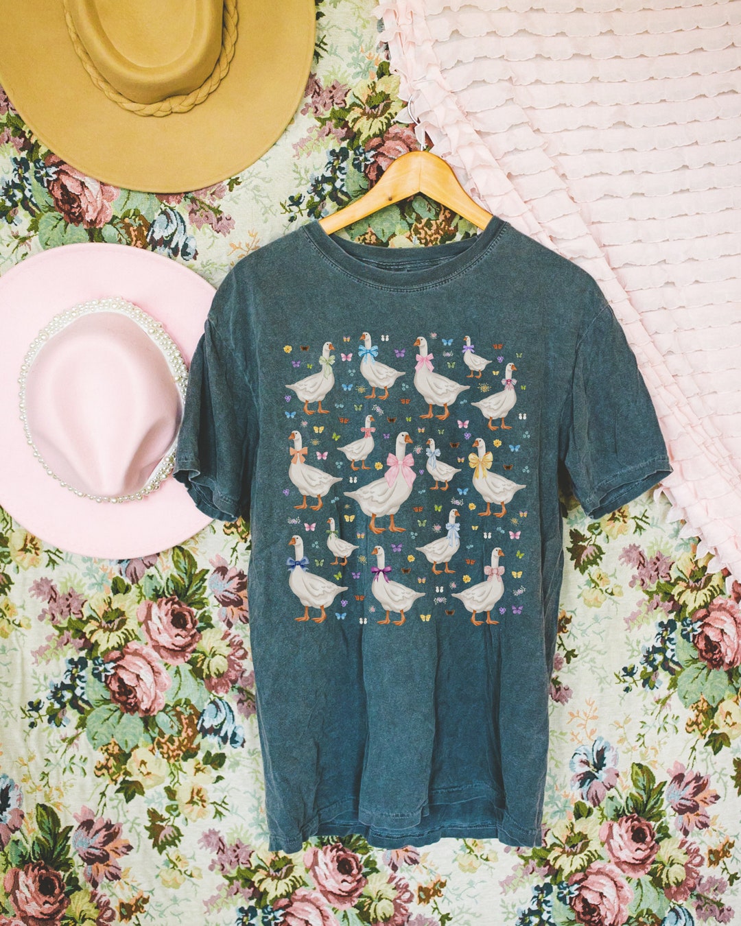 Cottagecore Goose Shirt With Colorful Coquette Bows, Boho Butterflies ...