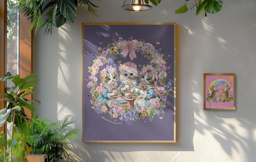 Rococo History Cat Lover Poster Print With Flowers and Butterflies ...