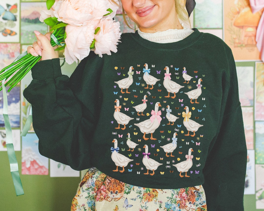 Cottagecore Goose Sweatshirt With Colorful Coquette Bows, Boho ...
