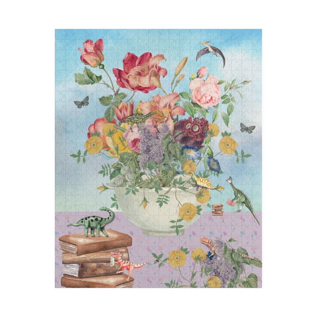Vintage Botanical Puzzle With Books and Dinosaurs: Difficult Floral ...