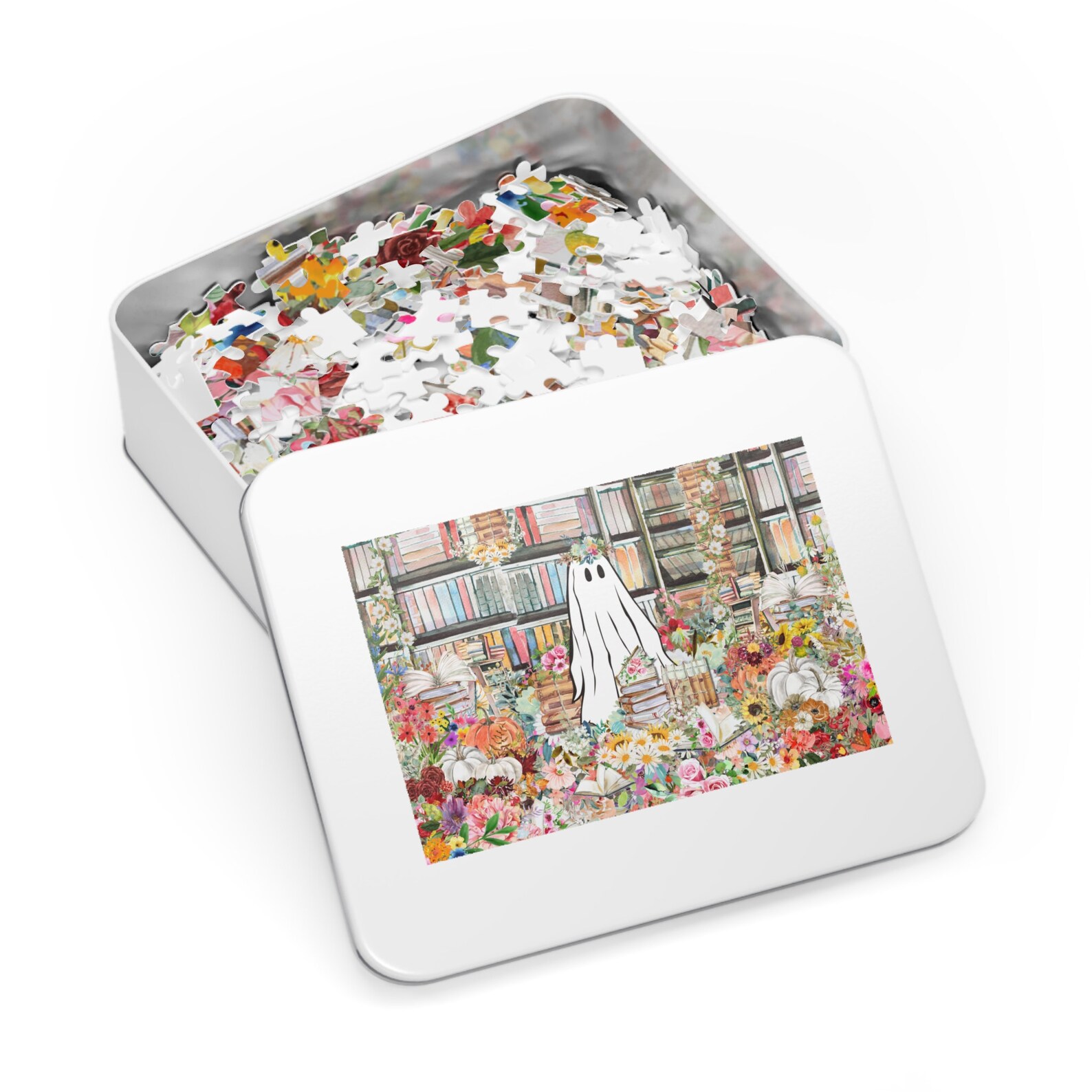 Halloween Ghost Puzzle in Library: Adorable Floral Ghost Surrounded by ...