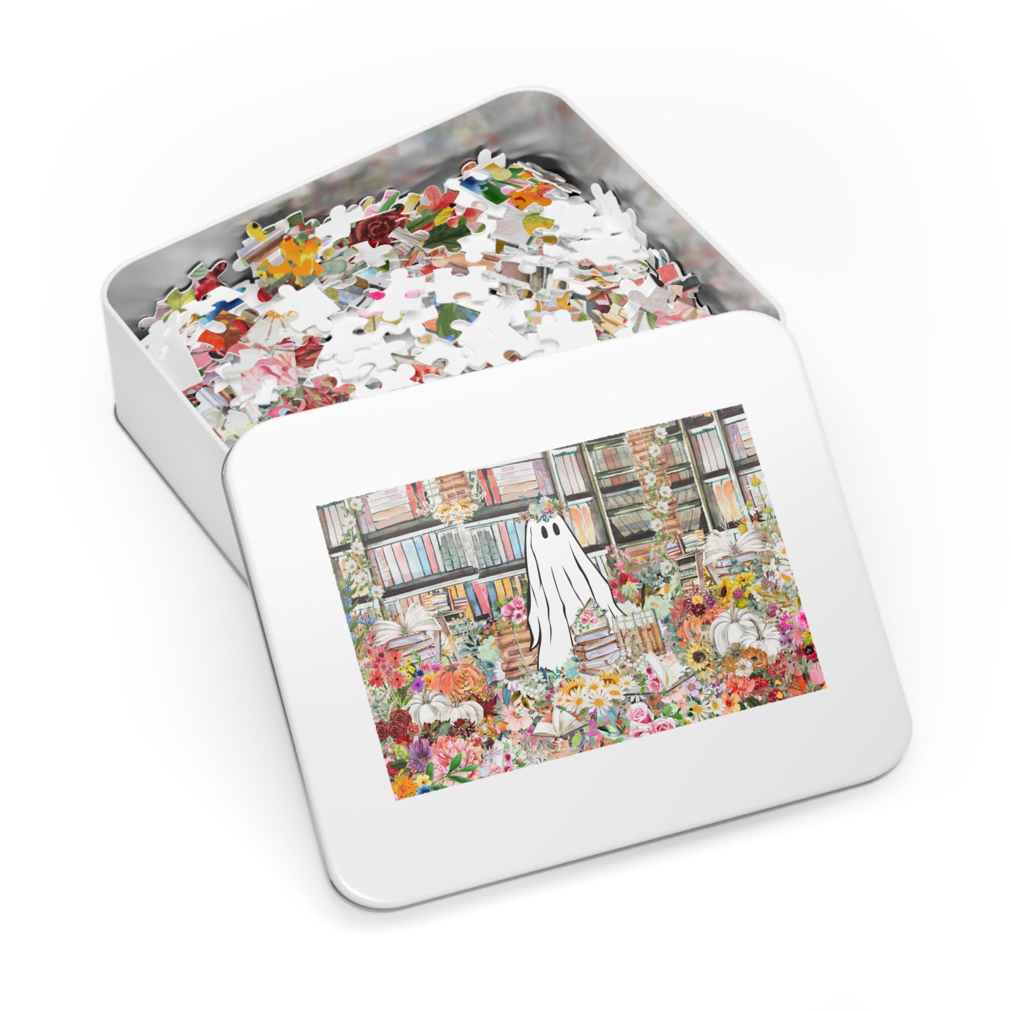 Halloween Ghost Puzzle in Library: Adorable Floral Ghost Surrounded by ...