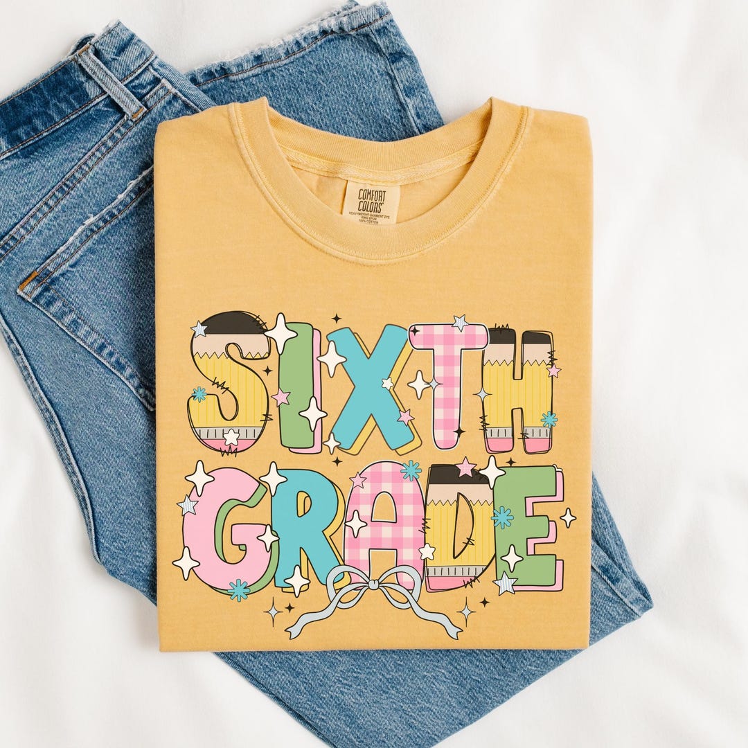 Sixth Grade Teacher Tee Shirt With Pink Gingham and Colorful Pencil ...