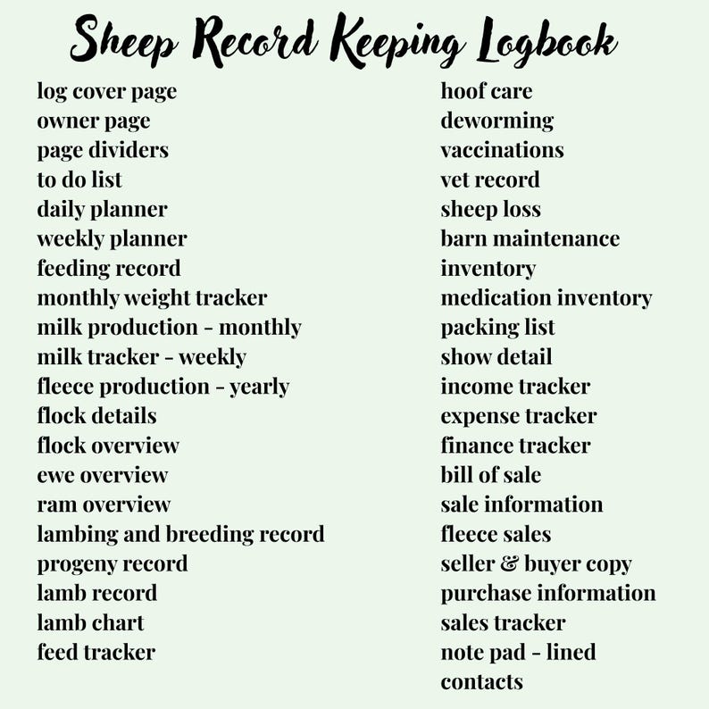 Sheep Record Keeping Log Book, Milk, Lambing, Wool (PDF Printable) - Etsy