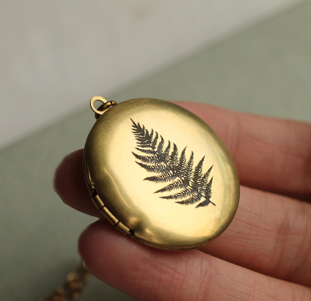 Fern Leaf Locket Necklace, Gold Engraved Custom Personalized Locket ...
