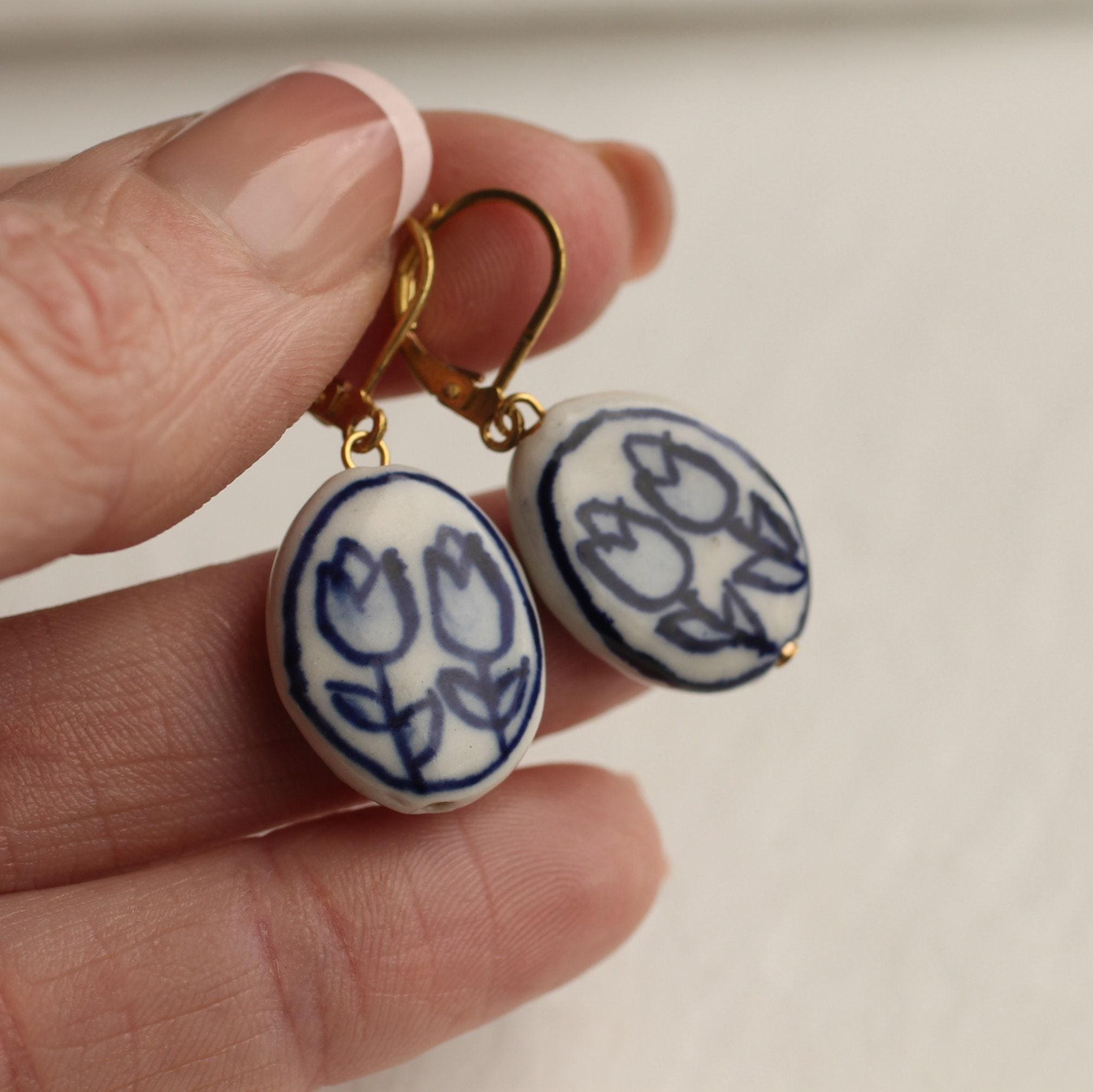 Delft Blue Tulip Earrings: Porcelain Ceramic Flower Jewelry - Etsy
