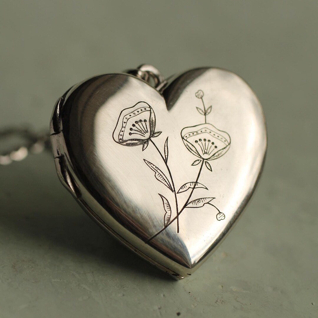 Personalized Sterling Silver Heart Locket Necklace: Poppy August Birth ...