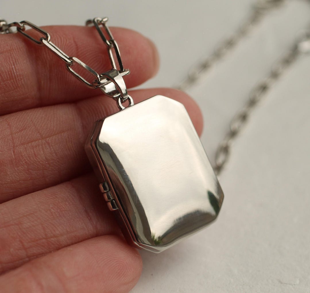 Silver Rectangle Locket Necklace With Photos: Personalized Large Unisex ...