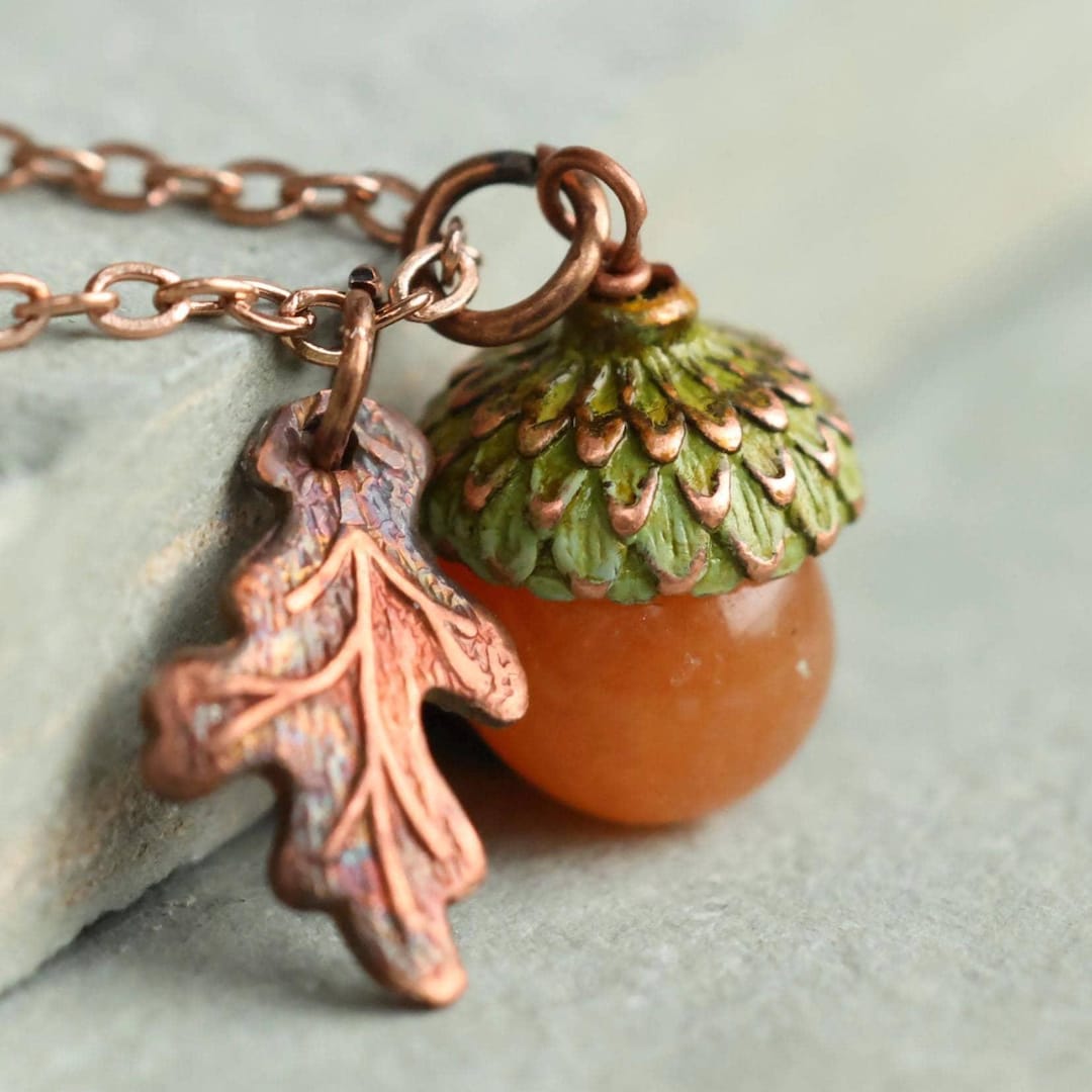 Acorn Necklace: Olive Green and Amber Orange, Rustic Jewelry for Autumn ...