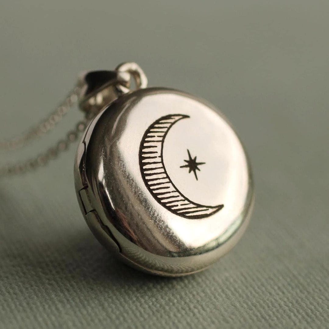 Sterling Silver Moon Photo Locket Necklace: Personalized Engraved Star ...
