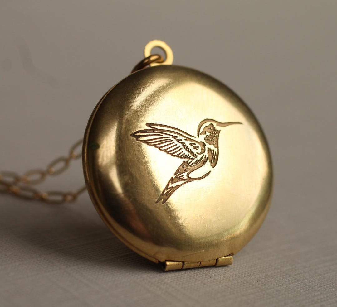 Hummingbird Locket Necklace, Personalized Gold Locket With Photo, Round ...