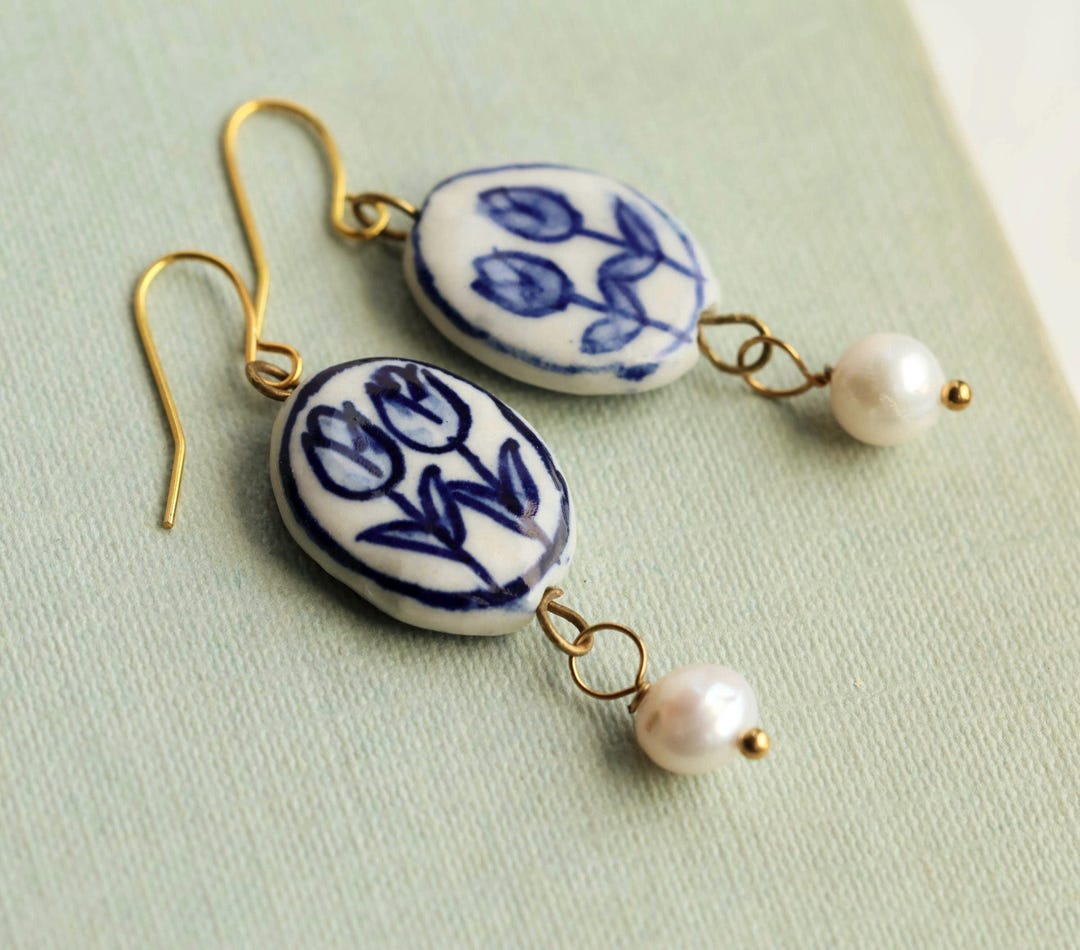 Delft Blue Tulip Earrings: Porcelain Ceramic, Pearl Flower - Etsy