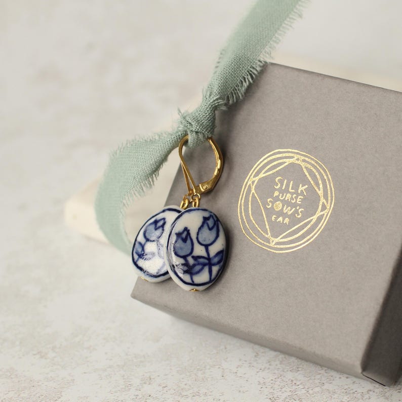 Delft Blue Tulip Earrings: Porcelain Ceramic Flower Jewelry - Etsy