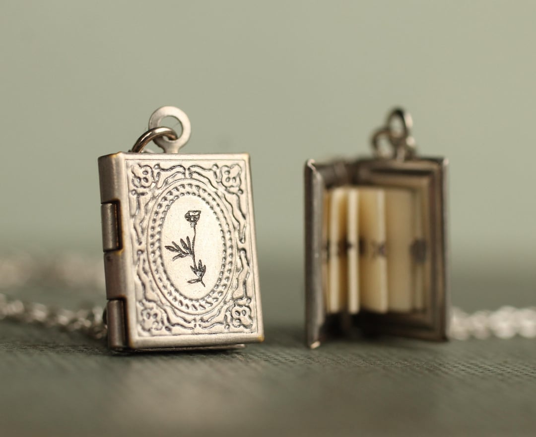 Silver Book Locket Necklace, Snowdrop Birth Flower Locket Photo ...