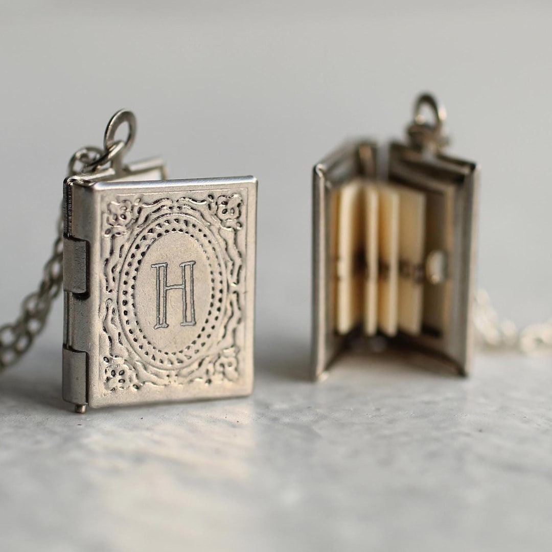 Silver Book Locket Necklace: Literary Book Gift, Personalized Message ...