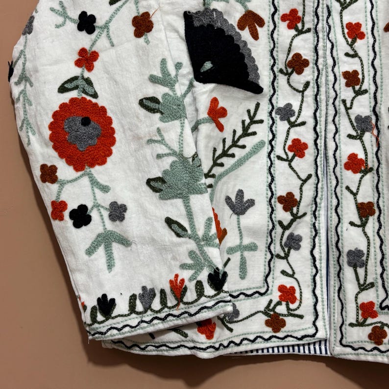 White Suzani Velvet Jacket, Hand Embroidered Jacket, Boho Floral ...