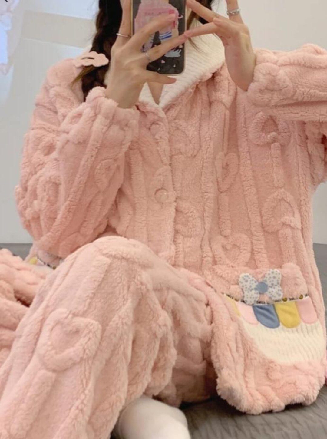 Peach Fleece Pajama Set for Women,cozy Sleepwear Night Suit,cute Longue ...