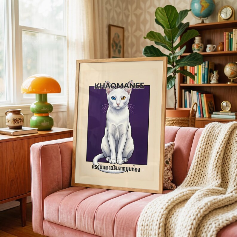 Khao Manee Cat Art, White Odd Eyes Siamese Poster, Thai Heritage Decor ...