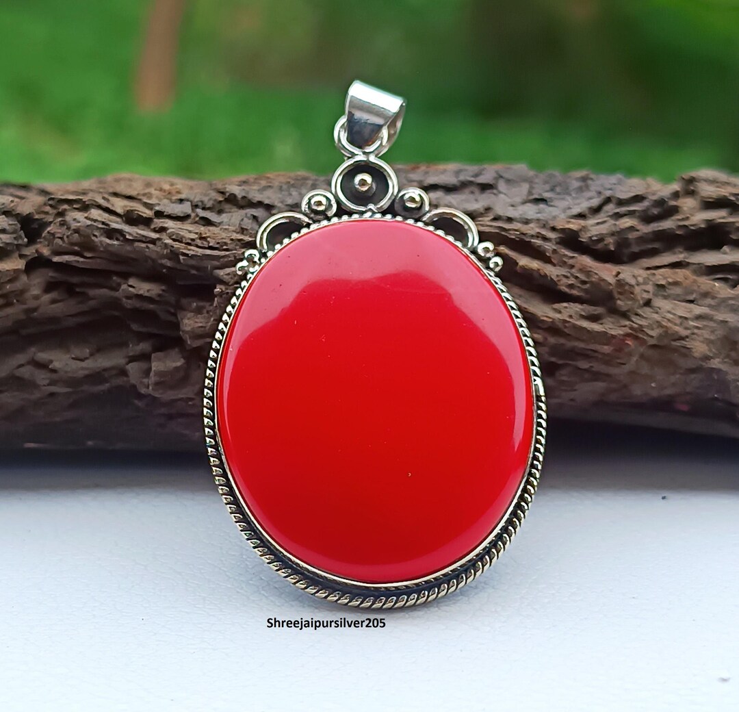 Red Coral Pendant: Handmade 925 Sterling Silver Boho Jewelry - Etsy
